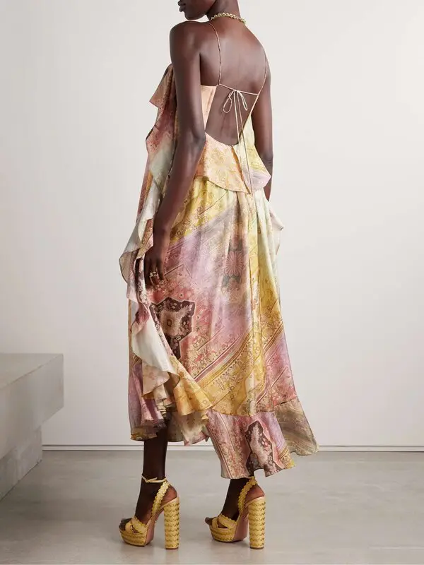 Zimmermann Tallow Ruffled Printed Silk Maxi Dress