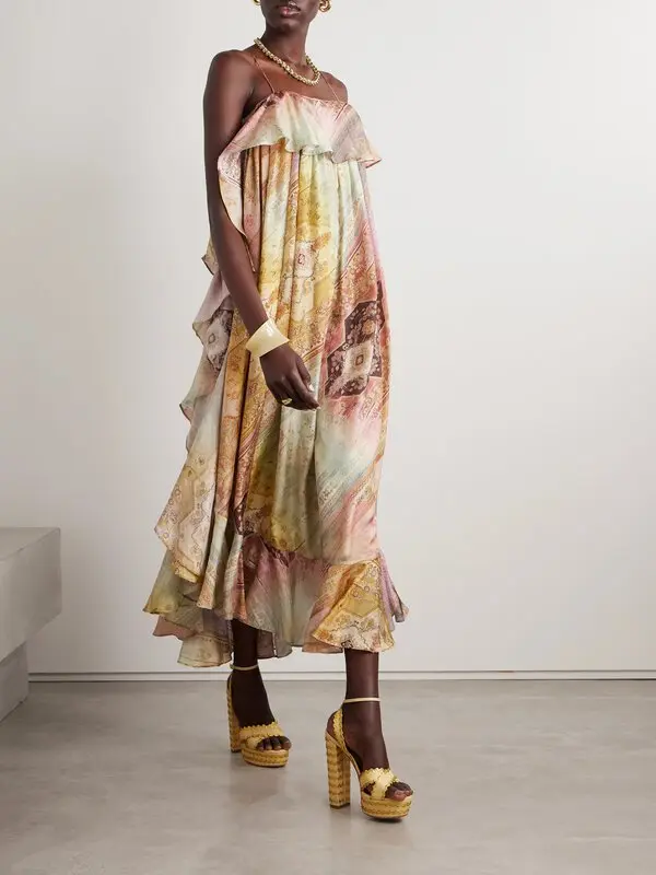 Zimmermann Tallow Ruffled Printed Silk Maxi Dress