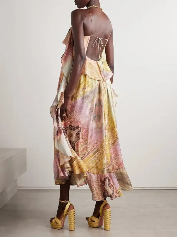 Zimmermann Tallow Ruffled Printed Silk Maxi Dress