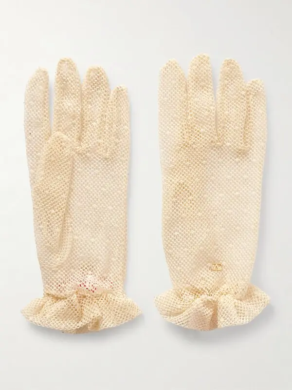 Valentino Garavani Embellished Fishnet Gloves - Cream