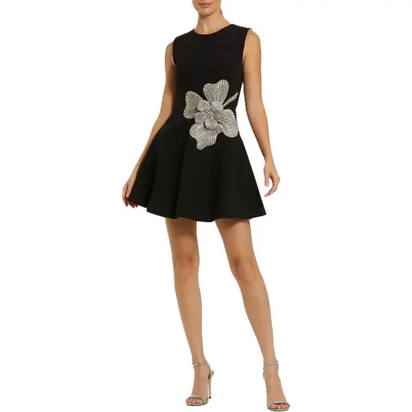 Mac Duggal Crepe Mini Dress With Rhinestone Flower - Black
