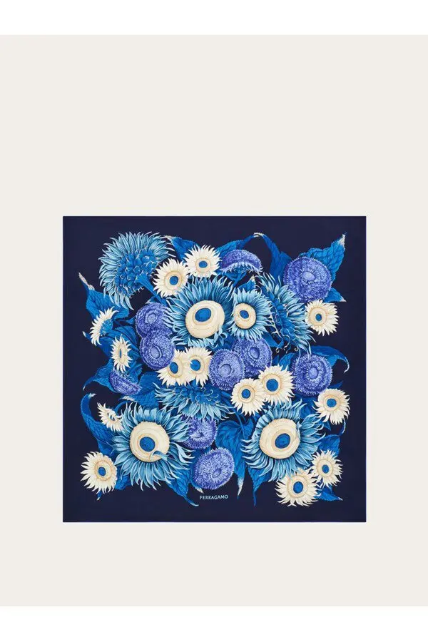 FERRAGAMO Sunflower Print Silk Scarf - Blue