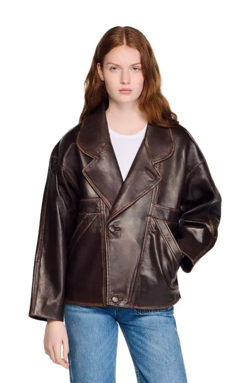 Sandro Oversized Leather Jacket - Brown