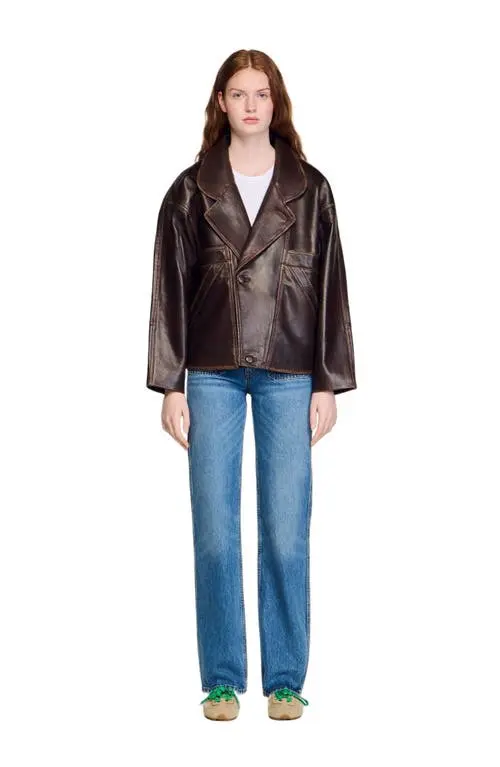 Sandro Oversized Leather Jacket - Brown