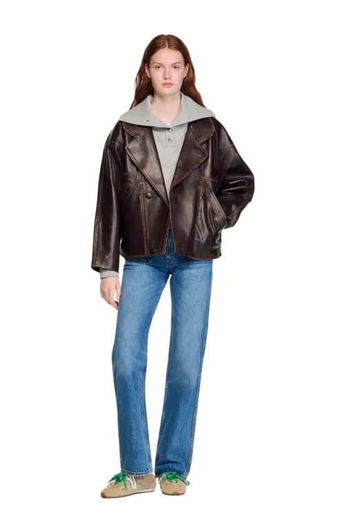 Sandro Oversized Leather Jacket - Brown