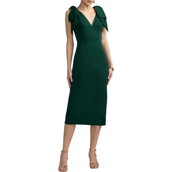 Mac Duggal Statement Bow Shoulder Crepe Midi Dress - Emerald