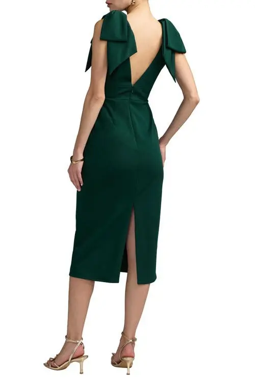 Mac Duggal Statement Bow Shoulder Crepe Midi Dress - Emerald