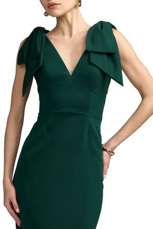 Mac Duggal Statement Bow Shoulder Crepe Midi Dress - Emerald