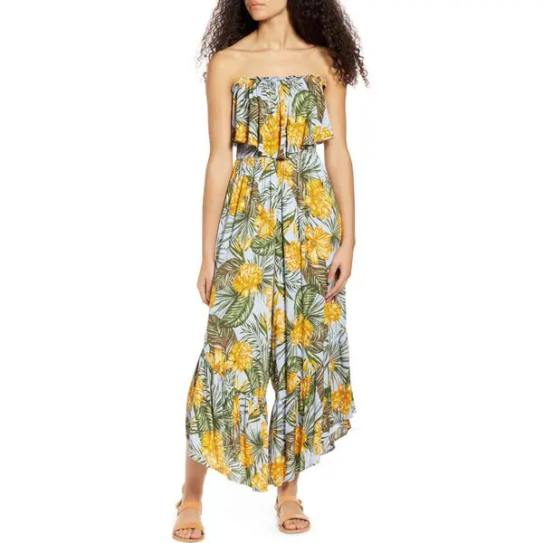 ALL IN FAVOR Ruffle Detail Strapless Jumpsuit - Mustard Palm Leaf