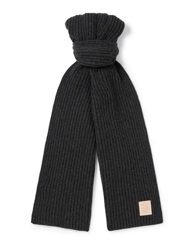 Loewe Logo-appliquéd Ribbed Cashmere Scarf - Black