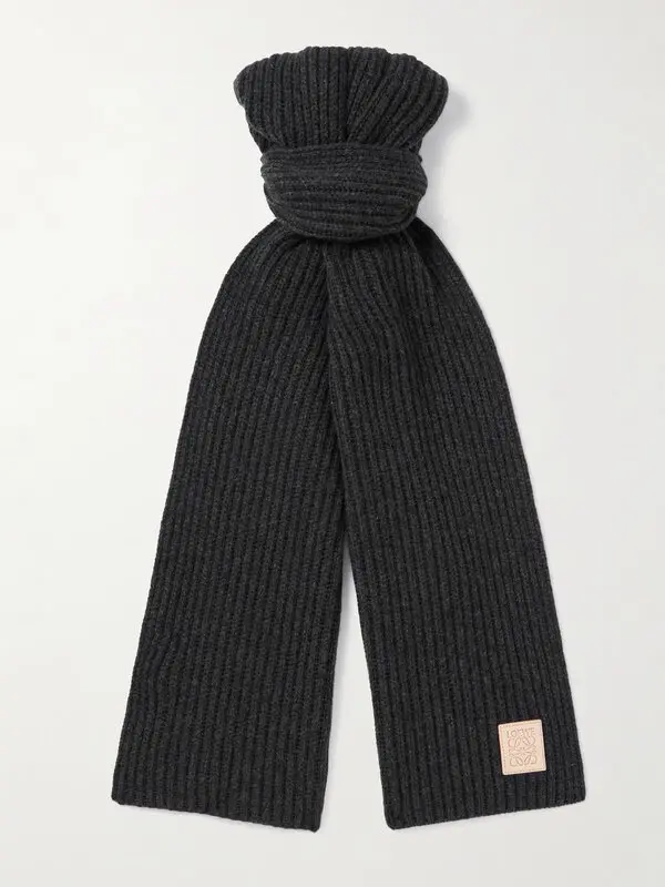 Loewe Logo-appliquéd Ribbed Cashmere Scarf - Black