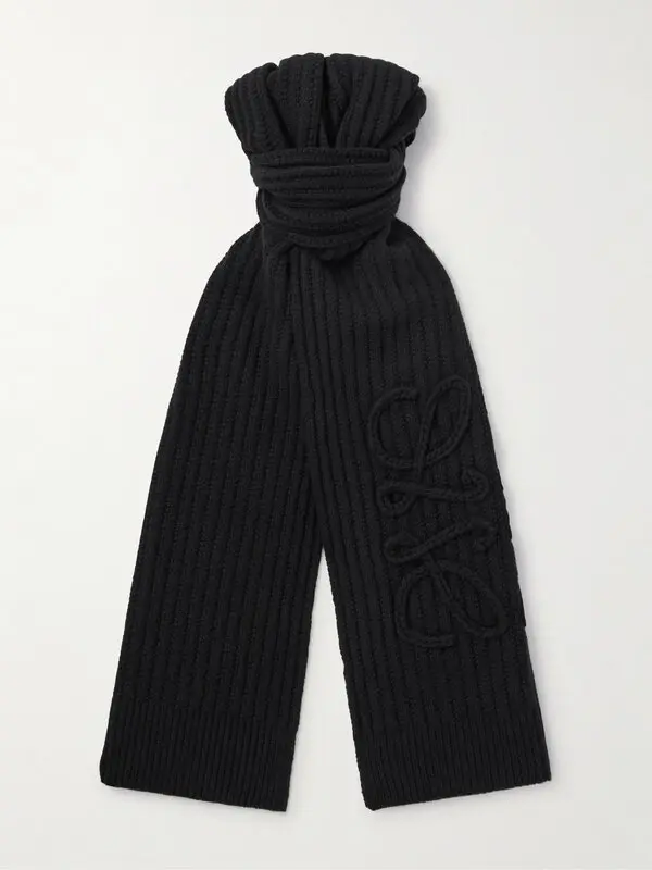 Loewe Anagram Embroidered Ribbed Wool Scarf - Black