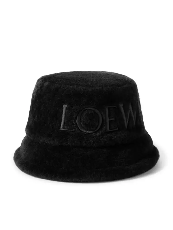 Loewe Logo-embroidered Shearling Bucket Hat - Black