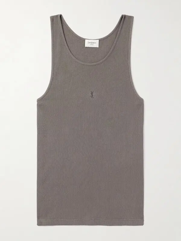 Saint Laurent Ribbed Cotton Tank Top - Gray