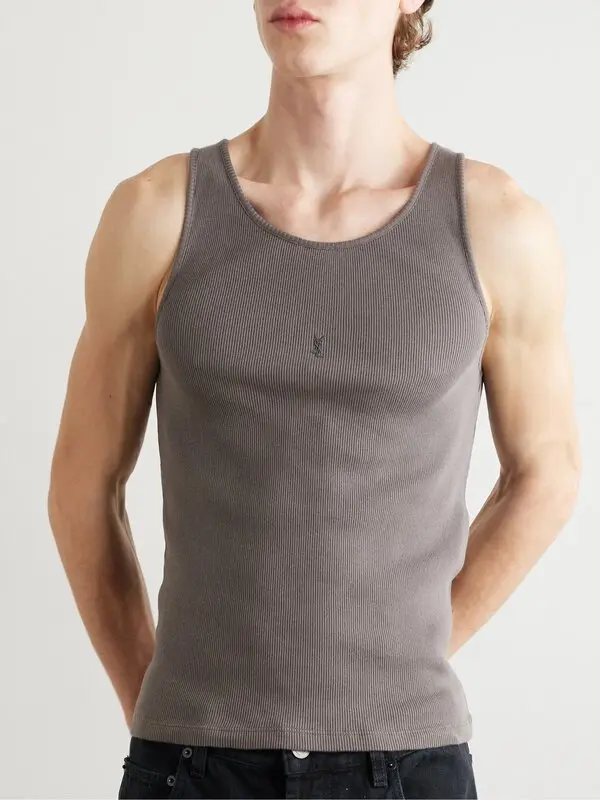 Saint Laurent Ribbed Cotton Tank Top With Embroidered Logo