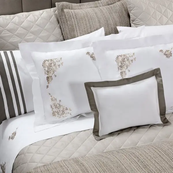 DEA LUXURY LINENS Dea Palm Beach Ibla Embroidered Sateen Pillowcase Pair, King - Natural/ivory