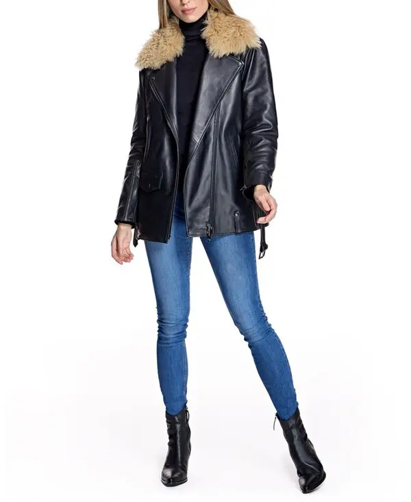 MAXIMILIAN Leather Moto Jacket With Detachable Shearling Collar