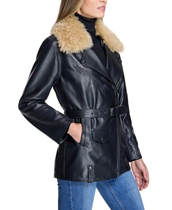 MAXIMILIAN Leather Moto Jacket With Detachable Shearling Collar
