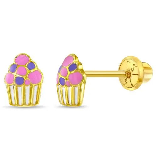 IN SEASON JEWELRY 14k Yellow Gold Cupcake Stud Earrings - Pink