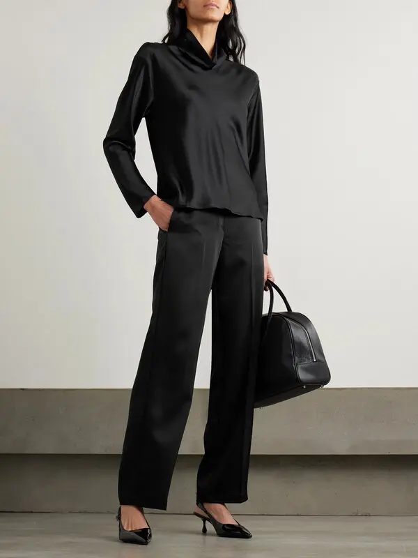 LESET Barb Draped Satin Blouse - Black