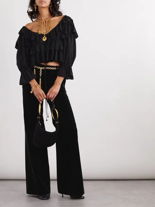 Chloé Ruffled Cropped Floral-jacquard Blouse