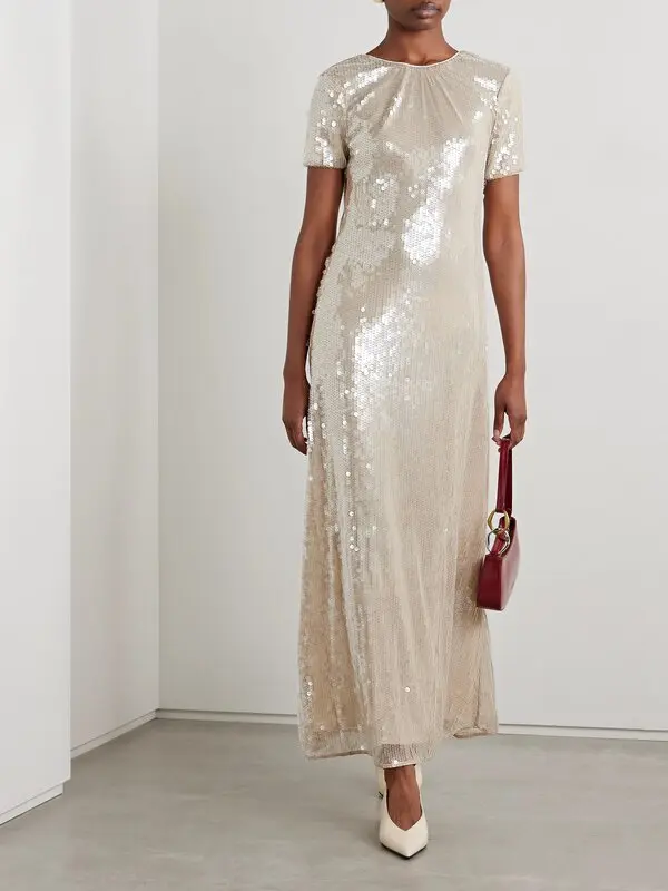 Staud Safi Gathered Sequined Tulle Maxi Dress