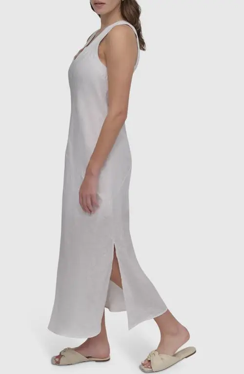 dkny white linen dress Dkny Women's Sleeveless Square Neck Tiered Linen Midi Dress - Ivory