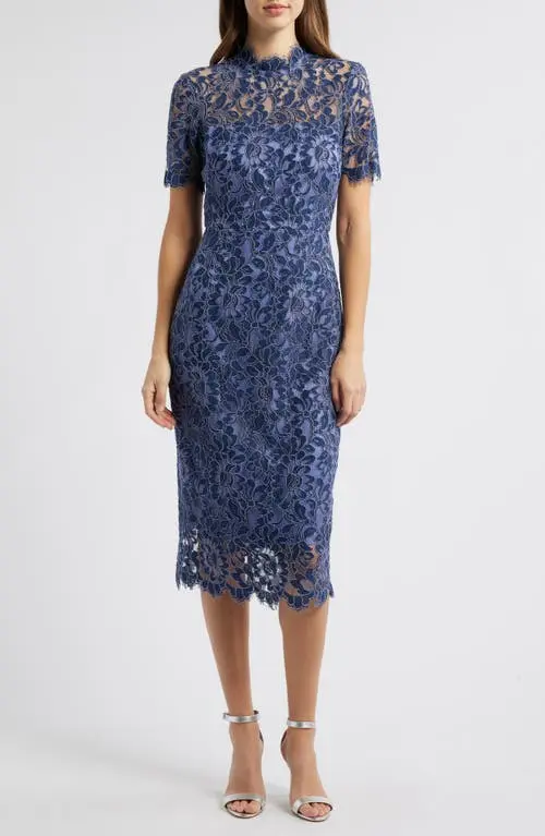 eliza j floral lace sheath dress Eliza J Illusion Lace Midi Sheath Dress In Blue - 60% Off