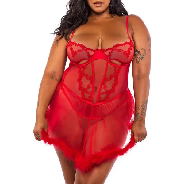 ROMA CONFIDENTIAL Baroque Heart Babydoll Chemise & Thong Set - Red