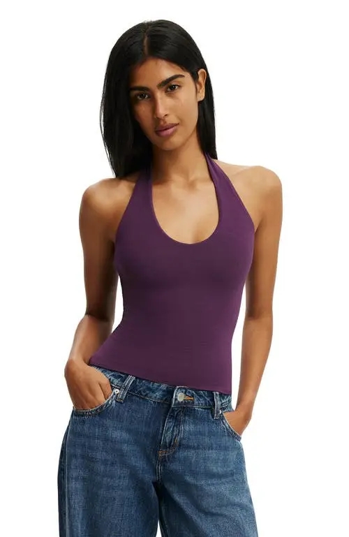 COTTON ON All Day V Neck Halter - Plum Pulse