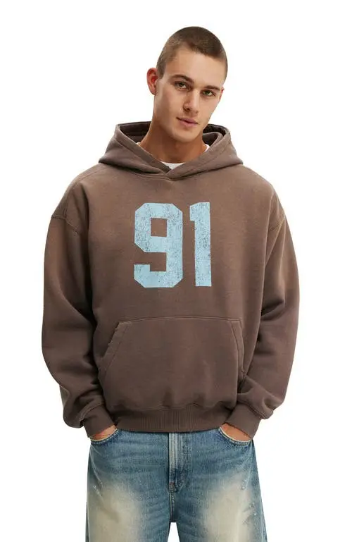 COTTON ON Box Fit Graphic Hoodie - Washed Chocolate  Ninety One