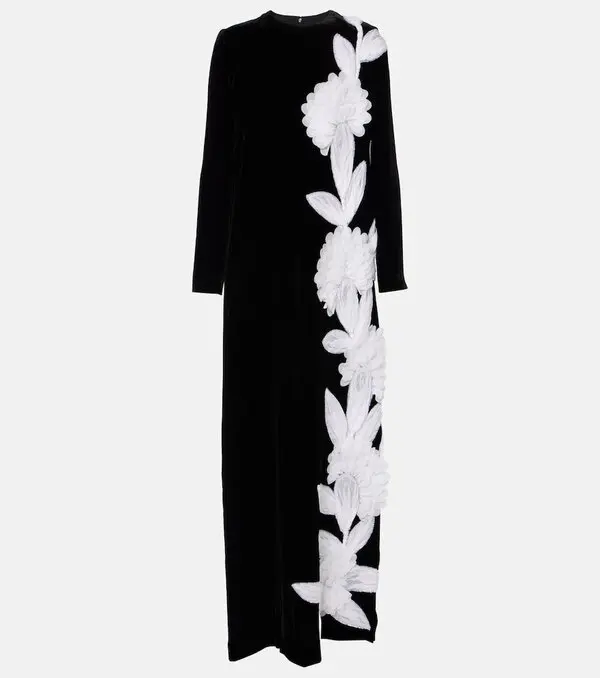 Costarellos Floral Appliqué Crêpe Gown - Black