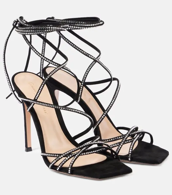 GIANVITO ROSSI Ankletie 105 Embellished Suede Sandals - Black
