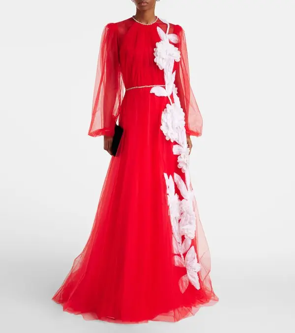 Costarellos Floral Appliqué Tulle Gown
