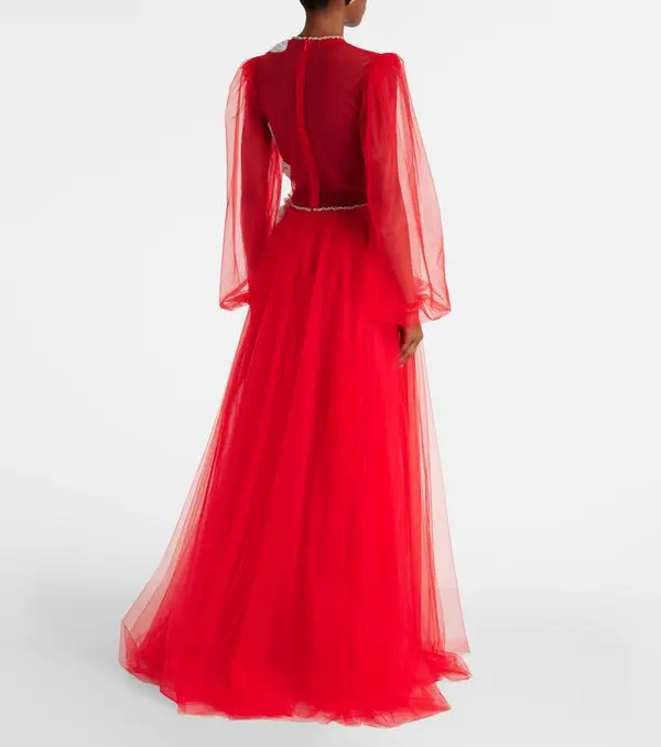 Costarellos Floral Appliqué Tulle Gown
