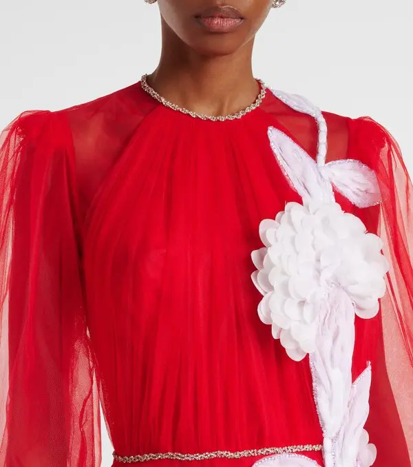 Costarellos Floral Appliqué Tulle Gown