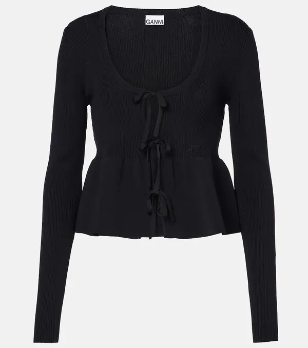 GANNI Ruffled Ribbed-knit Top - Black