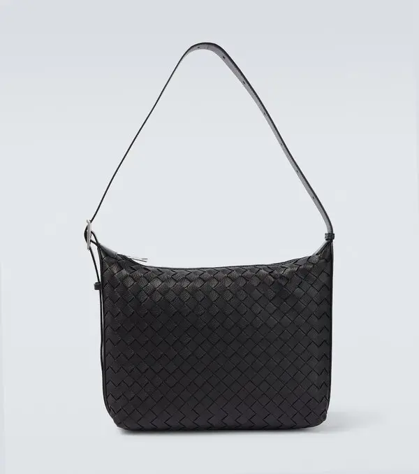 Bottega Veneta Traveler Small Intreccio Leather Shoulder Bag - Black