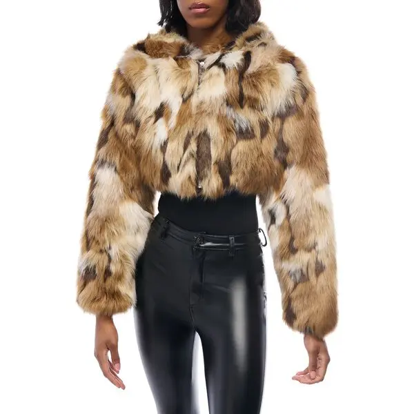 Azalea Wang Fennec Faux Fur Hooded Crop Jacket - Brown | Editorialist