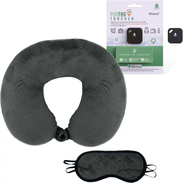 PURSONIC Mindful Traveler Bundle Memory Foam Travel Pillow With Sleep Mask & Purtag Tracker - Grey
