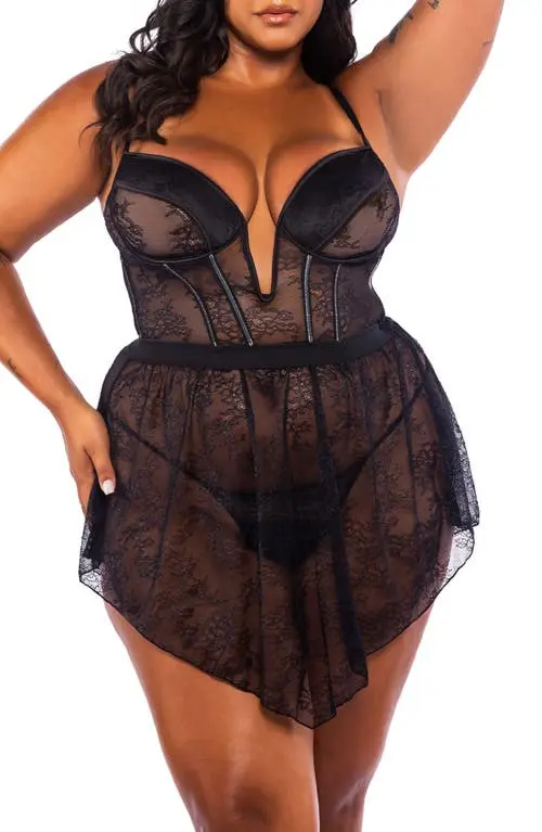 ROMA CONFIDENTIAL Belle Noir Babydoll Chemise & Thong Set - Black