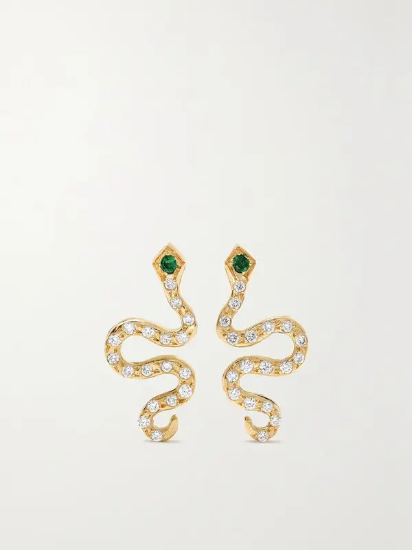 Ileana Makri Little Snake 18-karat Diamond And Tsavorite Stud Earrings - Gold