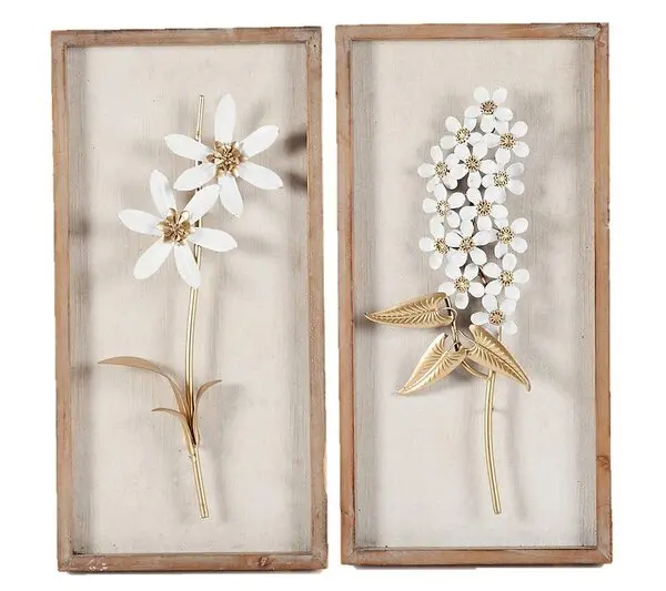 LUXEN HOME Luxenhome Set Of 2 White And Gold Flower Bouque T Wall Decor - One-color