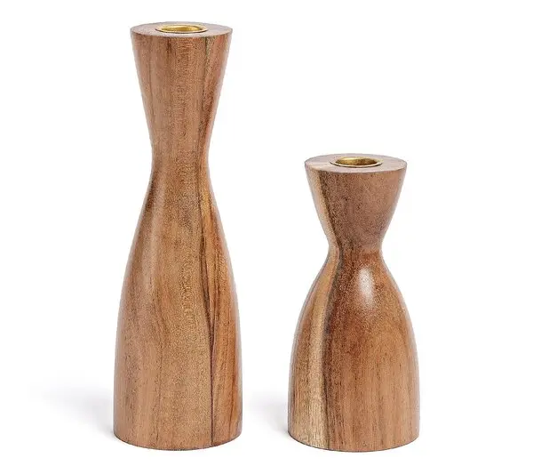 OVERANDBACK Over&back Set Of 2 Traditional Acacia Wood Candle Holders - One-color