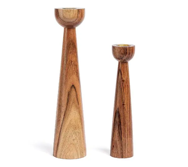 OVERANDBACK Over&back Set Of 2 Modern Acacia Wood Tall Cand Le Holders - One-color