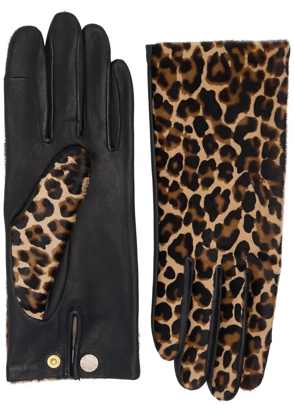 AGNELLE Susan Print Leather And Calf Hair Gloves - Leopard