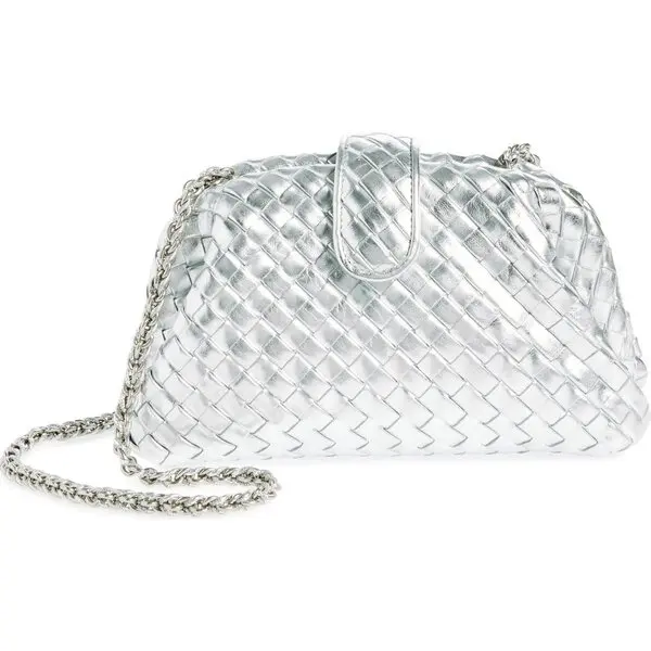 Bottega Veneta Mini Lauren 1980 Intrecciato Metallic Leather Clutch - Silver/ Silver