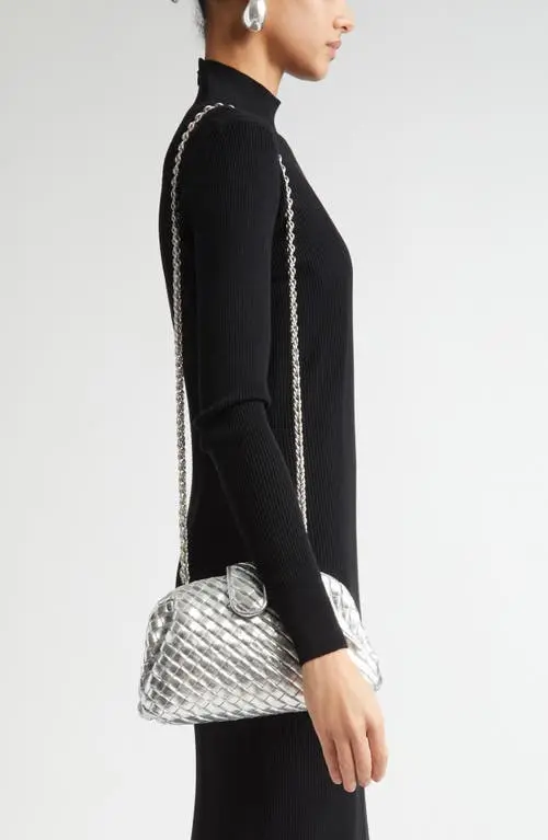 Bottega Veneta Mini Lauren 1980 Intrecciato Metallic Leather Clutch - Silver/ Silver