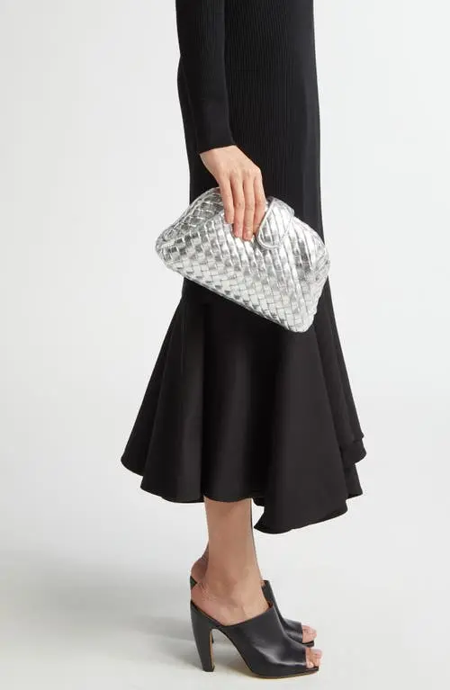 Bottega Veneta Mini Lauren 1980 Intrecciato Metallic Leather Clutch - Silver/ Silver