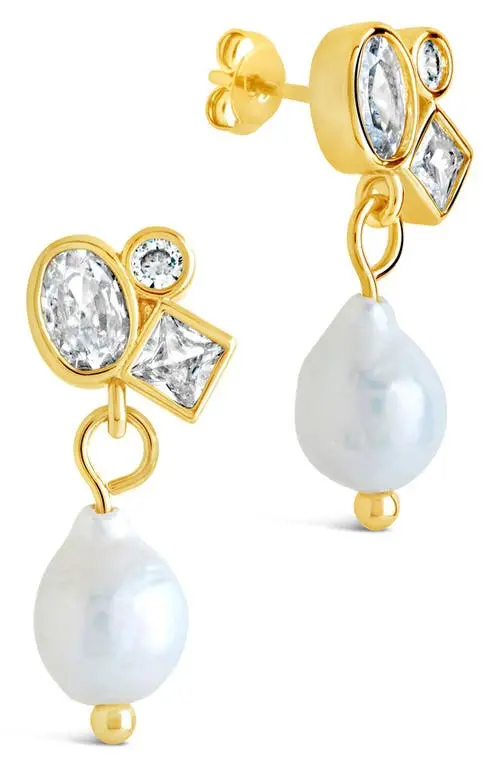 Sterling Forever Cubic Zirconia Cluster & Freshwater Pearl Drop Earrings - Gold